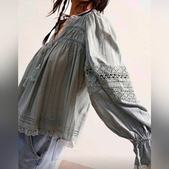 Tops | New Boho Lace Trimmed Flowy Tie Top Blouse Light Blue | Poshmark